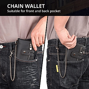 gzcz Mens Wallet with Chain RFID Blocking Genuine Leather Bifold Purse for Men with ID Window and Zip Coin Pocket, Black