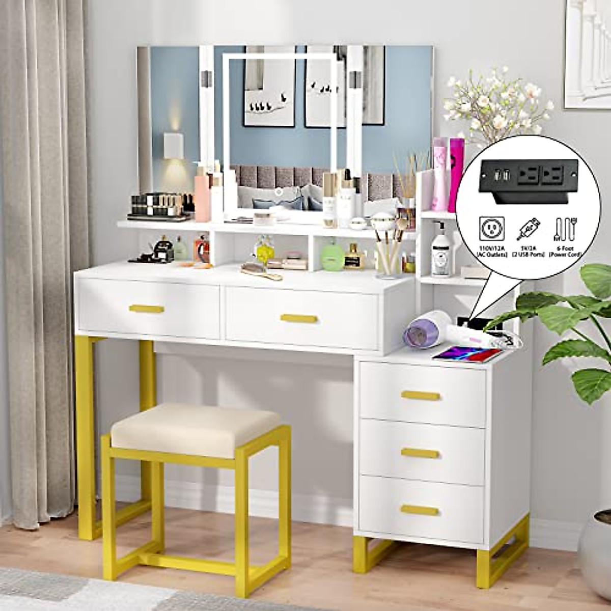 PAKASEPT Vanity Set with Lighted Tri-fold Mirror, 45.59'' Large Vanity Desk with Charging Station, 3-Color Adjustable Touch Light, 5 Drawers, Storage Shelves&Cushioned Stool Makeup Vanity for Bedroom
