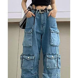 Vakkest Womens Jeans Cargo Pants Casual Wide Leg Flap Pocket Baggy Combat Military High Waist Denim Trouser Clubwear Y2K