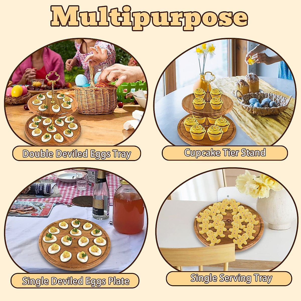 Honitra Double Wooden Deviled Egg Platter, 22 Holes Deviled Egg Plate, Reversible Deviled Egg Tray, Front as Easter & Thanksgiving Deviled Egg Container, Back as Cupcakes Stand & Serving Tray