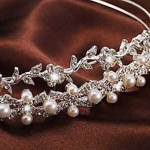 Pangda 2 Pieces Rhinestone Bridal Crystal Women's Headband Wedding Flower Girl Pearl Diamond Slim Thin Silver Flower Leaves Crown Hair Band Accessories Headpiece Tiara for Bride Bridesmaids
