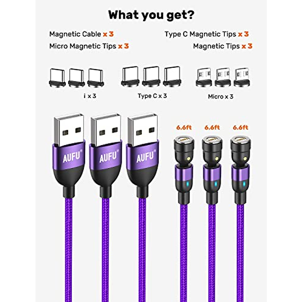 AUFU 540 Degree Magnetic Charging Cable (3Pack-6.6ft/6.6ft/6.6ft), Magnetic Phone Charger USB Magnetic Cable 3A Fast Charging Data Sync Nylon Braided USB Cord Cable for Micro USB Type C