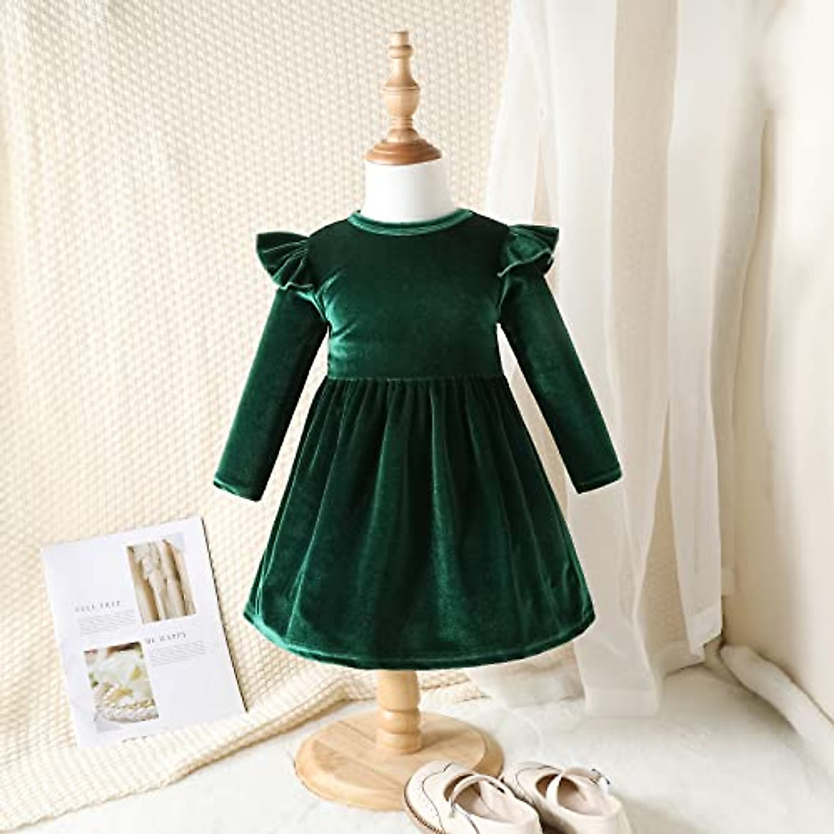 Toddler Baby Girls Vintage Ruffle Velvet Dress Fall Winter Kids Solid Long Sleeve Casual Princess A-Line Dress for Christmas Wedding Evening Gown Holiday Outfit Dark Green 4-5 Years