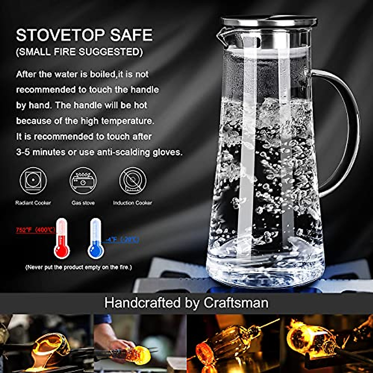 CREATIVELAND 1.4 Liter 47 Ounces High Borosilicate Glass Carafe/Pitcher Set of 2 with Stainless Steel Flip-top Lid,Hot/Cold Water Jug,Juice/Iced Tea,Wine,Coffee,Milk Beverage Carafe.(Set of 2/1.4L)