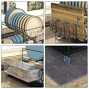 slhsy Removable Design 2 Tier Dish Drying Rack/Strainers with Drainboard, Swivel Spout, Cup & Utensil Holder and Drying Mat for Kitchen Counter, Black