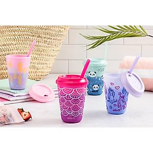 Ello Kids Plastic Reusable Color Changing Cups with Twist on Splash-Proof Lids and Straw, BPA Free, Dishwasher Safe, 12oz, Fruit Pop, 4 Pack