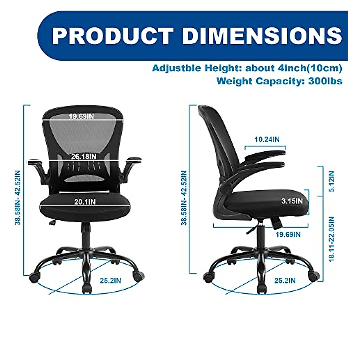 Youhauchair Mesh Office Chair, Ergonomic Computer Chair with Flip-up Arms and Lumbar Support, Height Adjustable Home Office Desk Chairs, Black