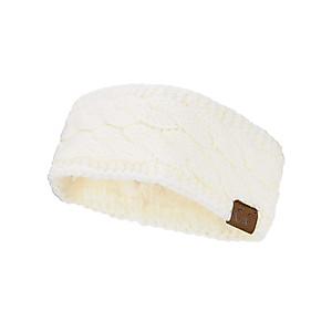 C.C Soft Stretch Winter Warm Cable Knit Fuzzy Lined Ear Warmer Headband, Ivory