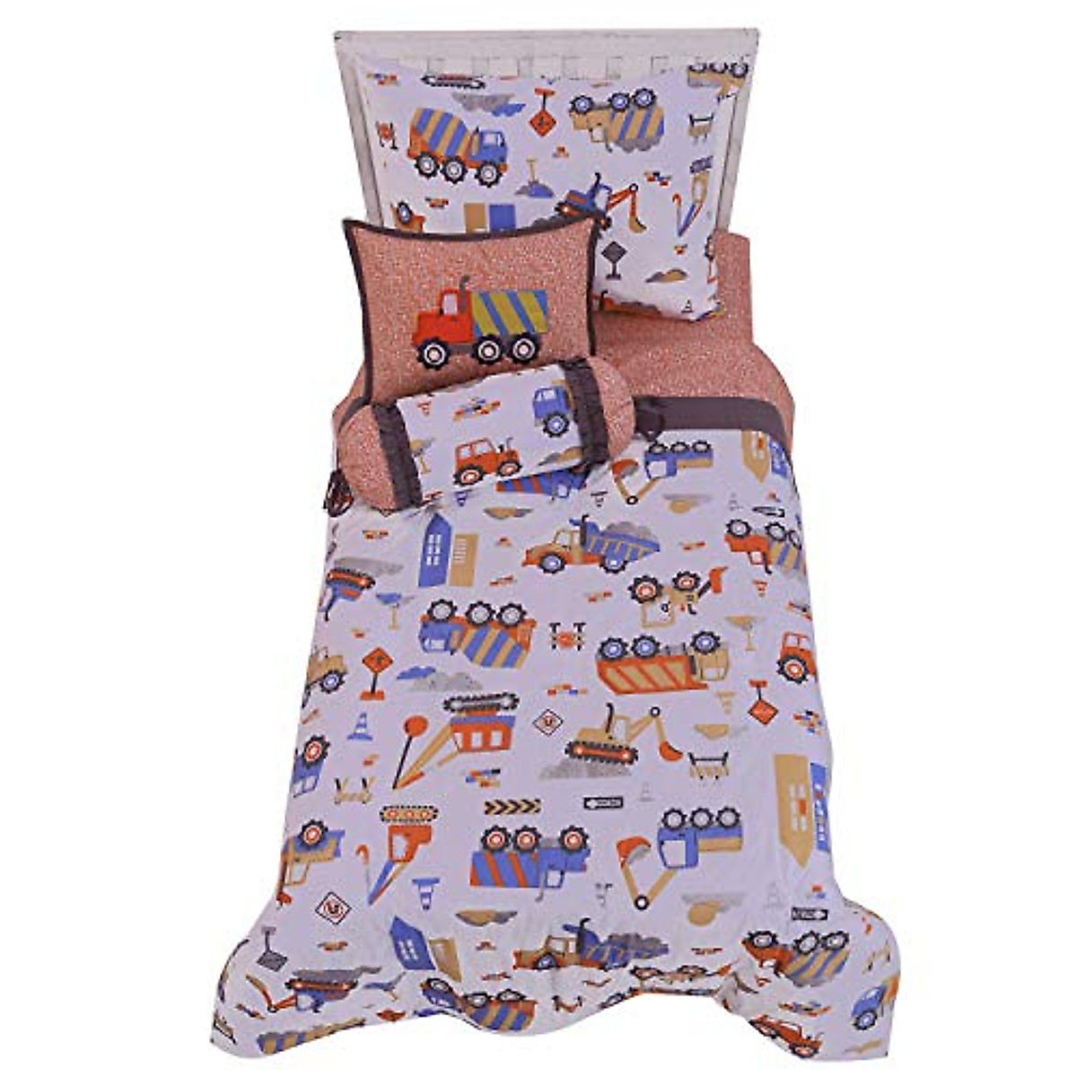 Bacati Construction Multicolor Boys Cotton 4 Piece Toddler Bedding Set 100 Percent Cotton Includes Reversible Comforter, Fitted Sheet, Top Sheet, and Pillow Case for Boys