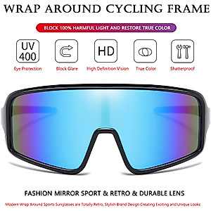 AIEYEZO Modern Sports Cycling Sunglasses Fishing Running Mirrored Sun Glasses UV400 Protection Shield with Eyewear Rope (Black/Blue Mirrored)