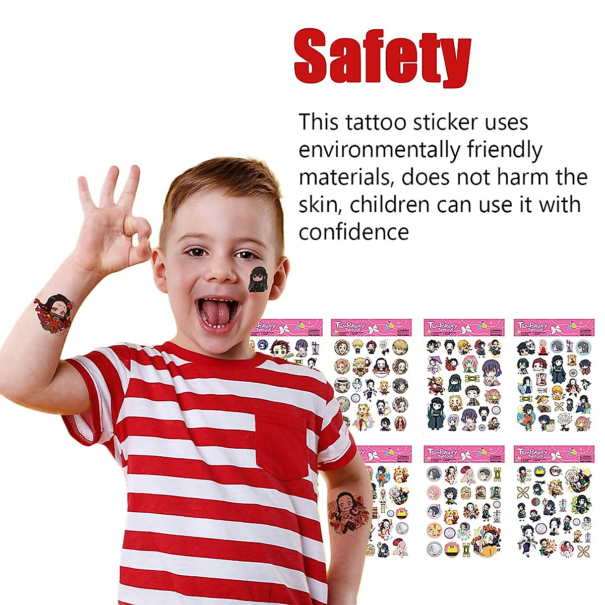 WENSHEN Anime Tattoos 8Sheet Anime Temporary Tattoo Fake Tattoos Vinyl Waterproof Party Favors for Kids Teens Adult Birthday 5.9x3.93 Inch Pack of 8