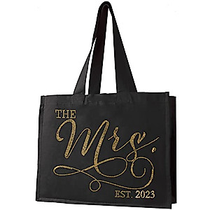 Honeymoon Gift for Bride - The Mrs. EST 2023 Black Gold Rhinestud Canvas Tote Bag - Gift for the Bride, Bridal Shower Tote(Mod 2023 GLD) BLK