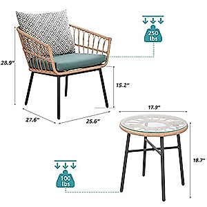 Super Patio 3 Piece Patio Set, Outdoor Furniture Wicker Bistro Set Rattan Chair Conversation Sets with Coffee Table and Cushions, Turquoise/Gray