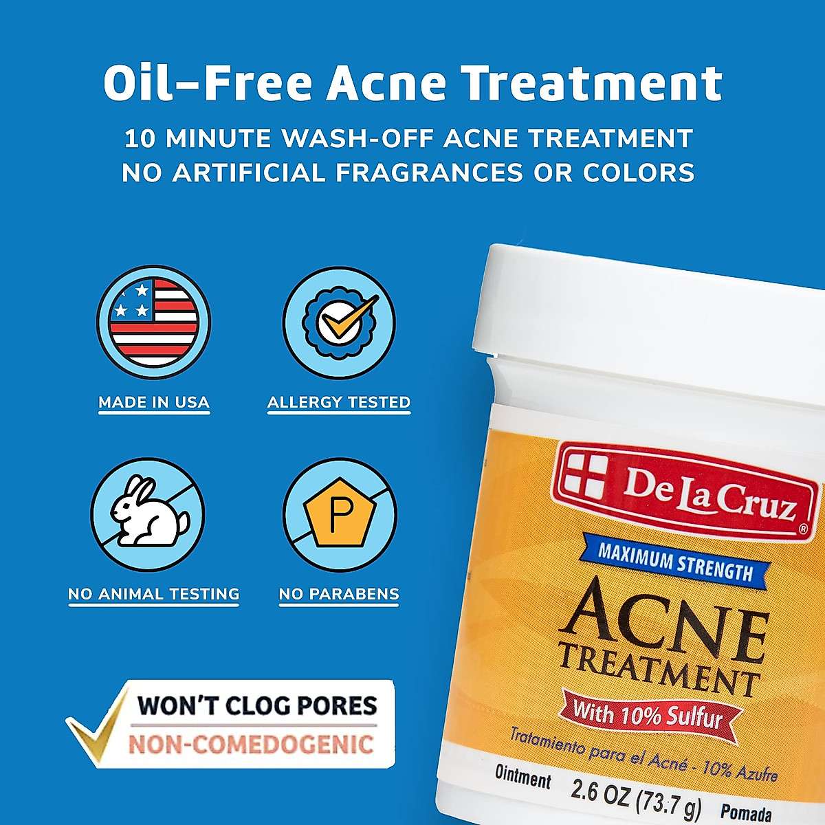 De La Cruz 10% Sulfur Ointment - Cystic Acne Treatment for Face and Body - Daily 10 Min Spot Treatment Mask Safe and Effective Game Changing Hormonal Acne Treatment that Clears Up Pimples 2.6oz 3 Pack