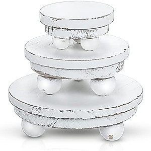 3 Pieces Wood Risers for Decor Wood Pedestal Mini Riser Stand Round Wooden Riser Rustic Farmhouse Riser for Decor Tiered Tray Decor Riser for Home Kitchen (Washed White, 5/4/3 Inch)