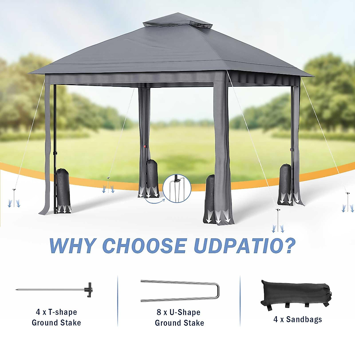 UDPATIO 11x11 Pop Up Gazebo Canopy Tent, Patio Outdoor Gazebo Tent with Mosquito Netting Outdoor Canopies for Shade and Rain for Lawn, Garden, Backyard and Deck, Grey