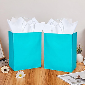 DjinnGlory 50 Pack Medium Size Teal Blue Paper Gift Bags with Handles 10x8x4 Inch and 50 White Tissue Paper for Small Business Wedding Bridal Baby Shower Birthday Party Favors Goodies