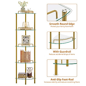FAVOOSTY 5-Tier Corner Shelf Stand, Gold Corner Bookshelf, Bathroom Organizer, Plant Stand, Tempered Glass Shelves, Modern Style for Living Room, Bedroom, Kitchen, Home Office, Metallic Gold