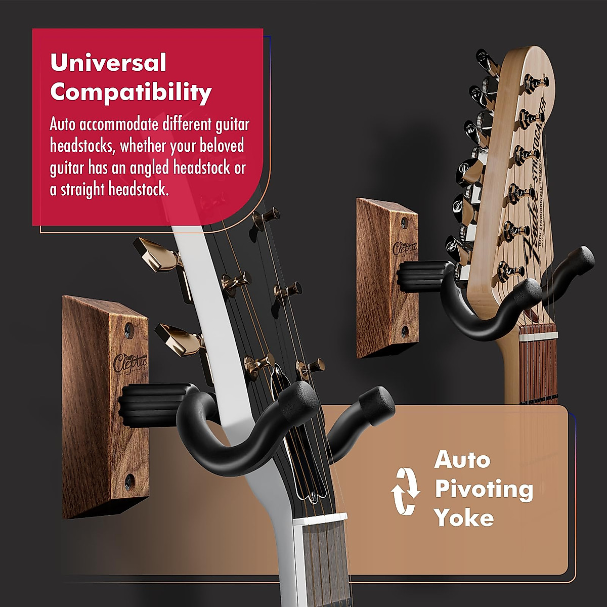 ClefArc Guitar Wall Mount 2 Pack, Black Walnut Guitar Wall Hangers, Guitar Picks, Pick Holder, Guitar Accessories, U-Shape Hardwood Guitar Hanger, Gifts for Guitarists, with 6 Assorted Guitar Picks