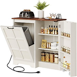 DWVO Tilt Out Trash Cabinet, 13 Gallon Cabinet Trash Can with Outlet/Adjustable Shelves, Hidden Pull Out Trash Bin Cabinet, Kitchen Island with Trash Can Storage, White Oak