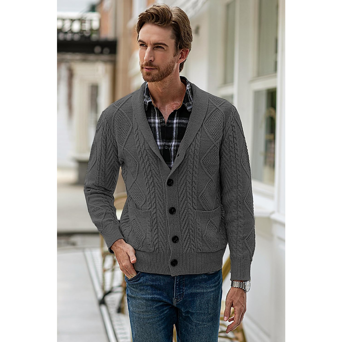 JMIERR Mens Cardigan Sweater Fall Casual Long Sleeve Shawl Collar Button-Up Cable Knit Sweaters with Pockets for Men,US 40(M),Dark Grey