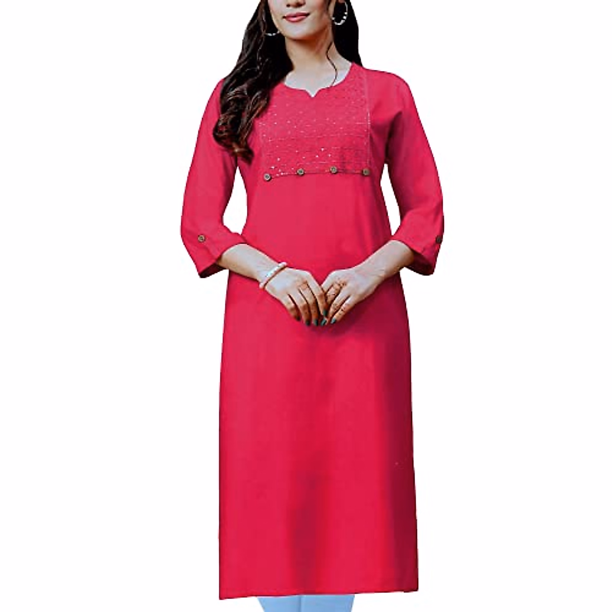 ladyline Plain Rayon Kurti with Sequins Work Indian Womens Kurta Tunic Dress (L/Pink/42)