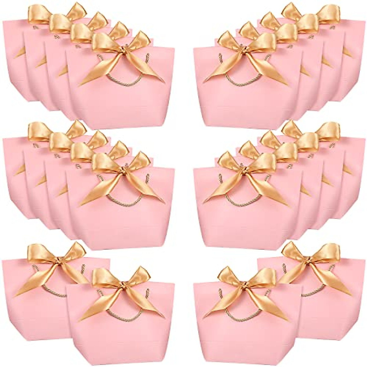 45 Pcs Gift Bags with Handles Paper Party Favor Bag Bulk Pink Paper Bags with Gold Bow Ribbon Pink Candy Bags for Birthday Wedding Bridesmaid Holiday Christmas Valentine's Day