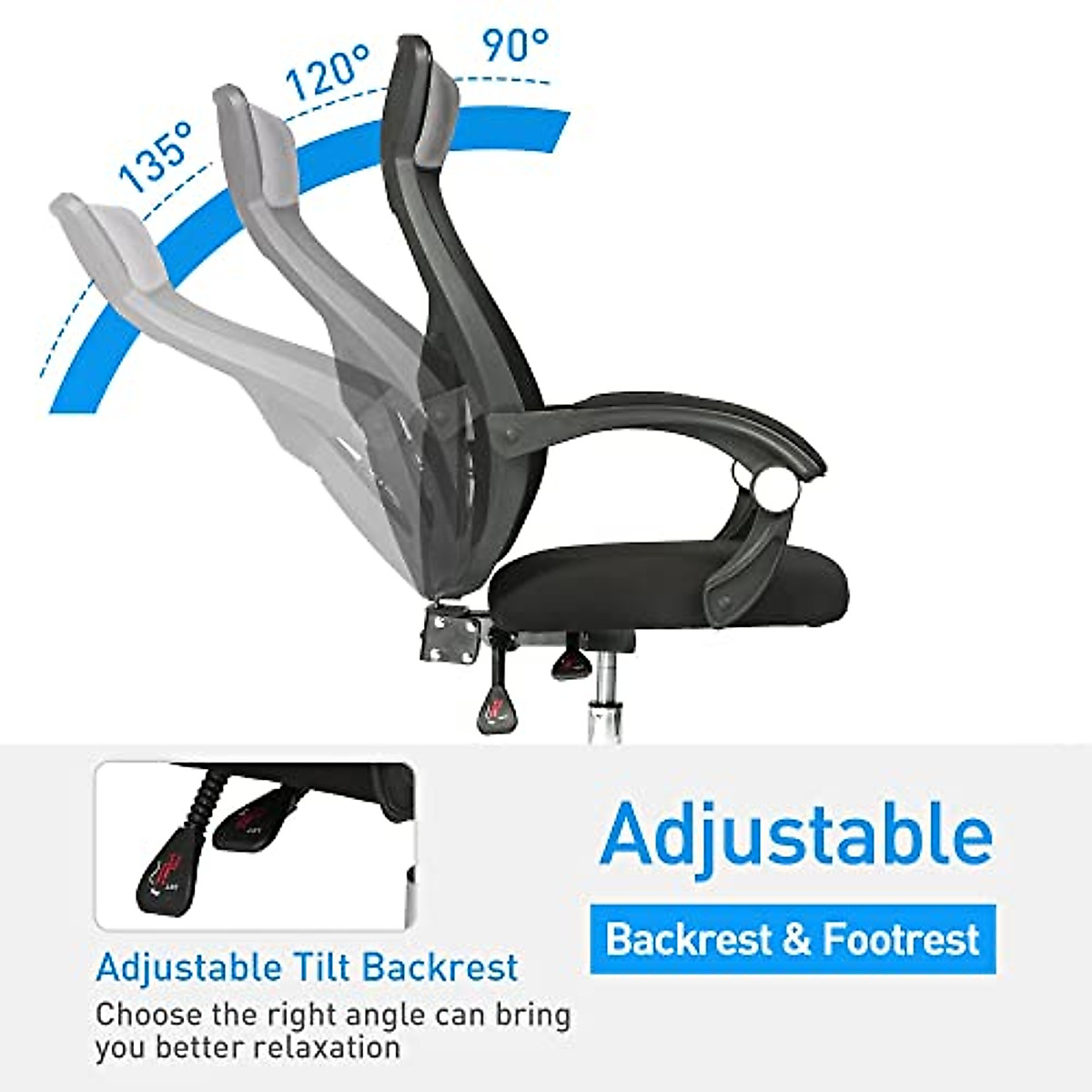 Ergonomic Office Desk Chair, Recliner with Mesh High Back Leather Headrest, Adjustable Lumbar Support Reclining Office Chair, Padded Armrest for Swivel Office Task Computer Chair, Modern Black