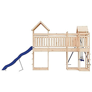 Loibinfen Outdoor Playset Solid Wood Pine,Garden Play Set with 1 Play Towers with Bridge,1 Wave Slide,1 Double Swing Set,Modern Outdoor Backyard Children's Climbing Wood Playground Playset,-4558