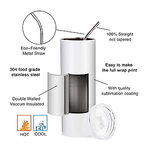 PYD Life 8 Pack Sublimation Tumblers Blanks 20 OZ Skinny White Straight Stainless Steel Cups with 10 PCS Shrink Wrap Film for Tumbler Press Machine Sublimation Oven Sublimation Printing