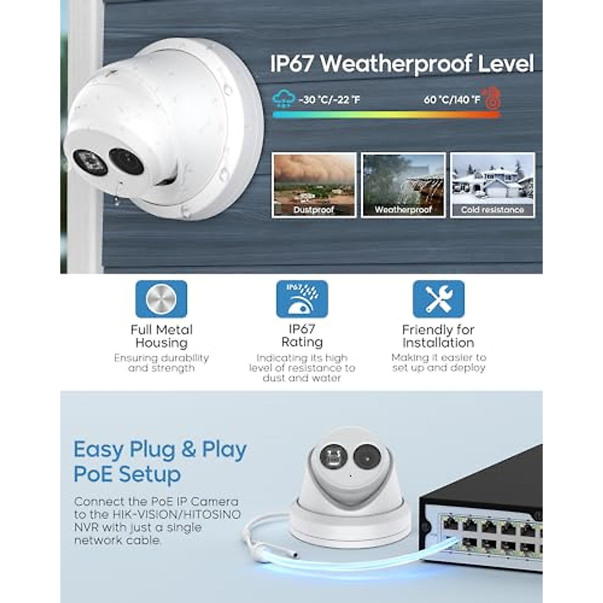 4MP PoE IP Turret Camera Outdoor with Mic, Smart Perimeter Protection, Human/Vehicle Detection, 4MP@30fps, 98ft EXIR Night Vision, 120dB WDR, IP67, Full Metal, 2.8mm Lens, Hik-Connect/iVMS-4200