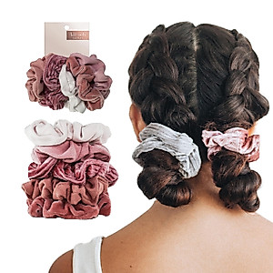 Kitsch Scrunchies for Women's Hair - Velvet Hair Scrunchies | Large Hair Ties for Women | Hair Tie Scrunchies for Girls | Cute Scrunchie & Sleepy Tie | Hair Bands & Ponytail Holders, 5pc (BlushMauve)