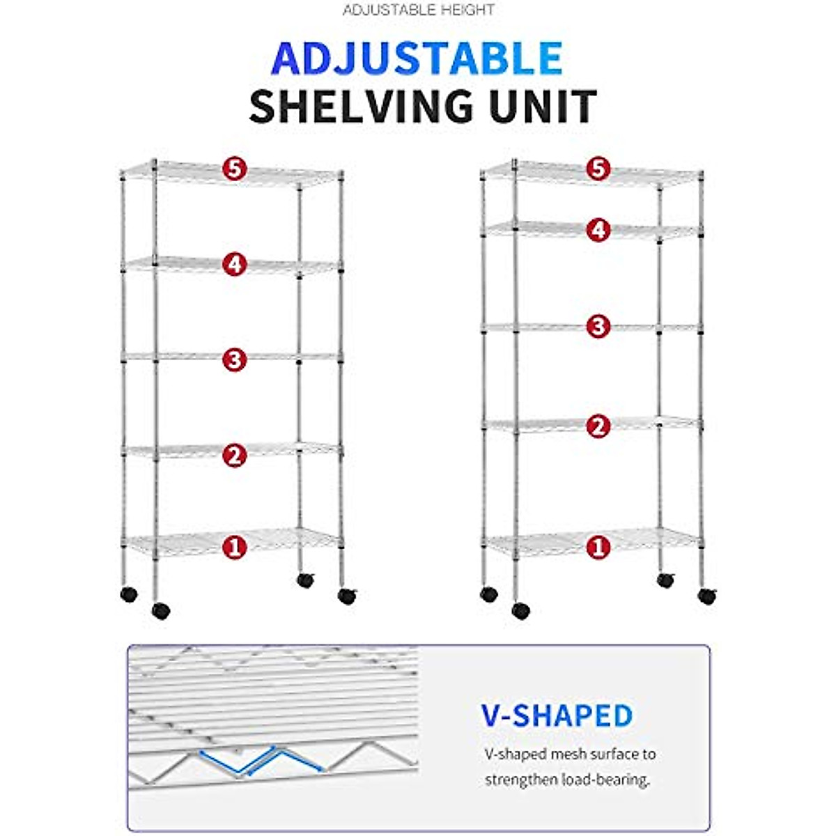 Metal Storage Shelves 5 Tier Wire Shelving Unit with Wheels, NSF Wire Shelf Utility Commercial Grade Heavy Duty Height Layer Rack for Pantry Closet Kitchen Laundry Organization ,14”Wx30”Dx60”H,Chrome