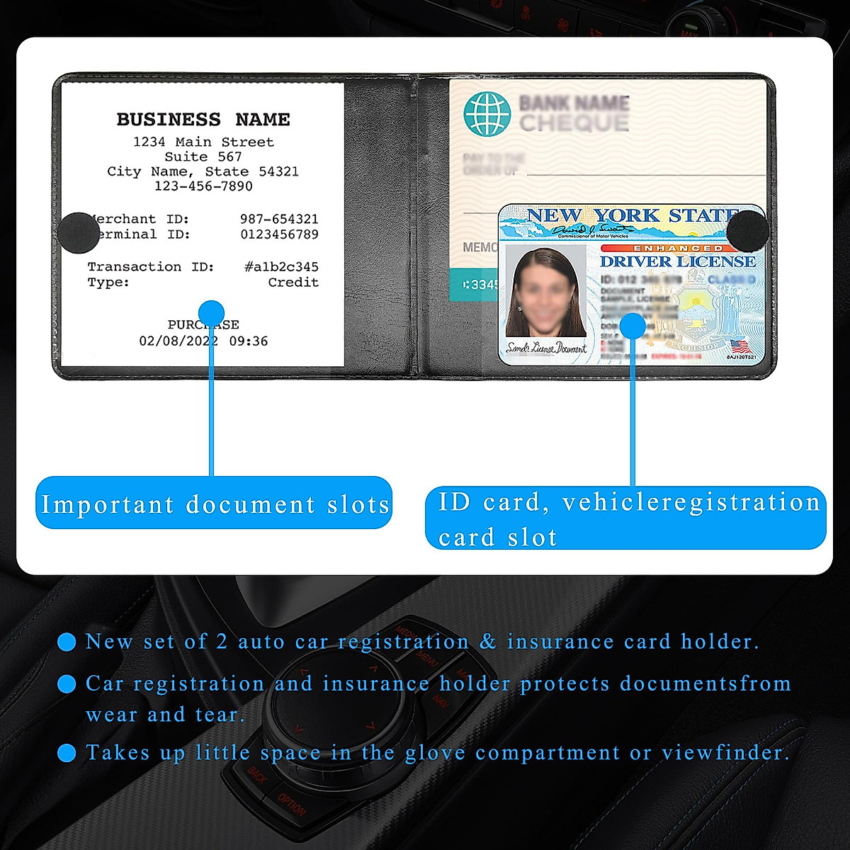 Kewucn 2 Pack Car Registration Insurance Holder, 10.55''×4.8'' Essential Auto Card Glove Box Organizer, Vehicle Interior Accessories Perfect for Most Car, Truck, SUV(Black)