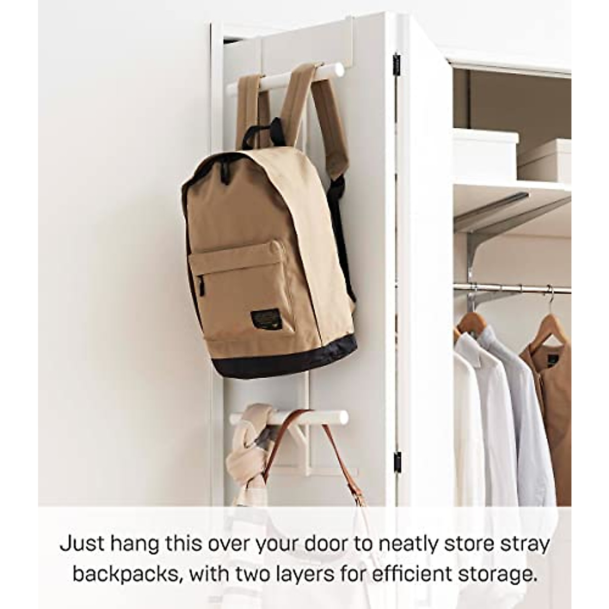YAMAZAKI Home Tower Backpack Over The Door Hanger for Closet Or Bedroom, Two-Tiered Bookbag Metal Storage Rack, Easy Installation - Steel