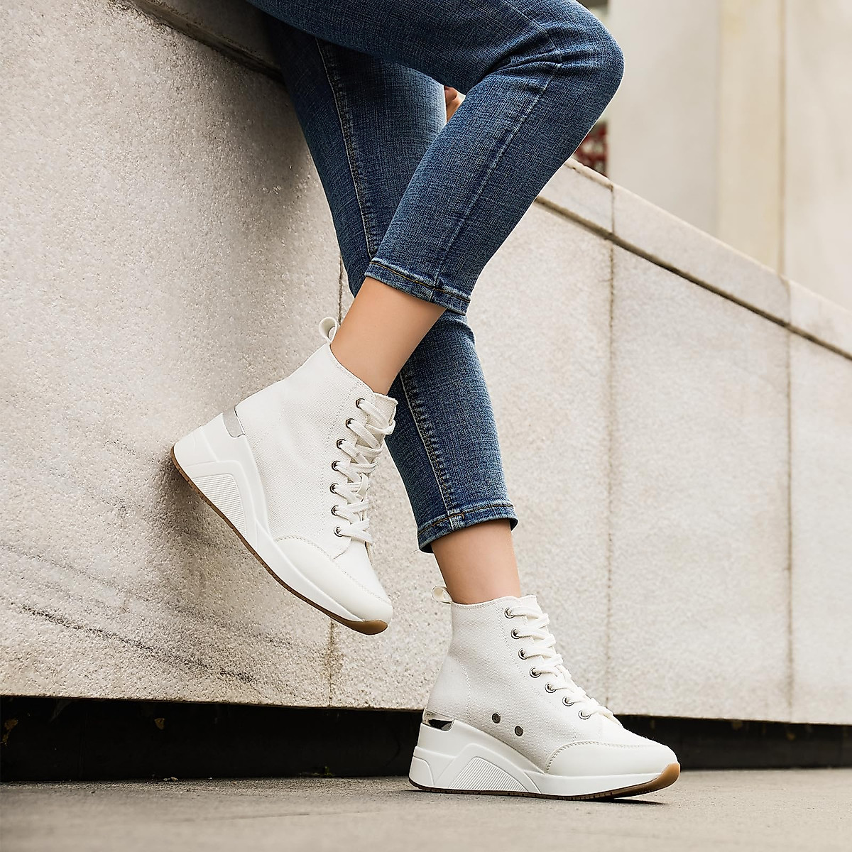 Cestfini White High Top Canvas Shoes for Women Wedge Sneakers Non-Slip Lace Up Platform Sneakers