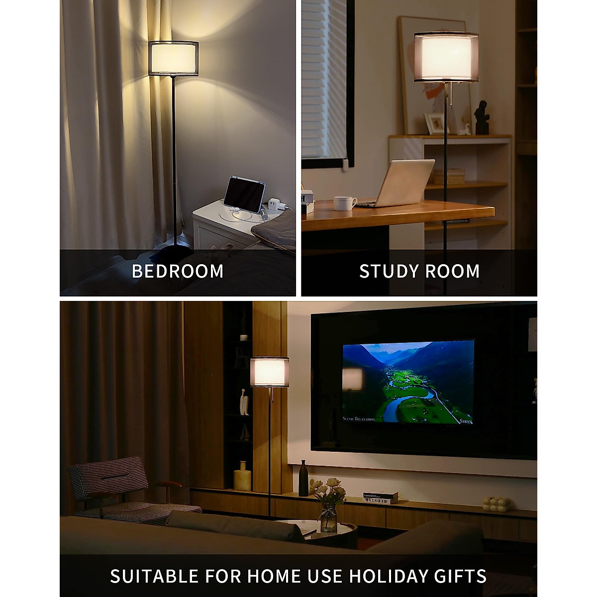 KDG Modern Floor Lamp for Living Room, Tall Tripod Floor Lamp Corner Lighting, Fabric Lampshade LED Bulb Bright Pole Light, High Light for Bedroom, Reading, Office, Study Room, Warm Light(Black)