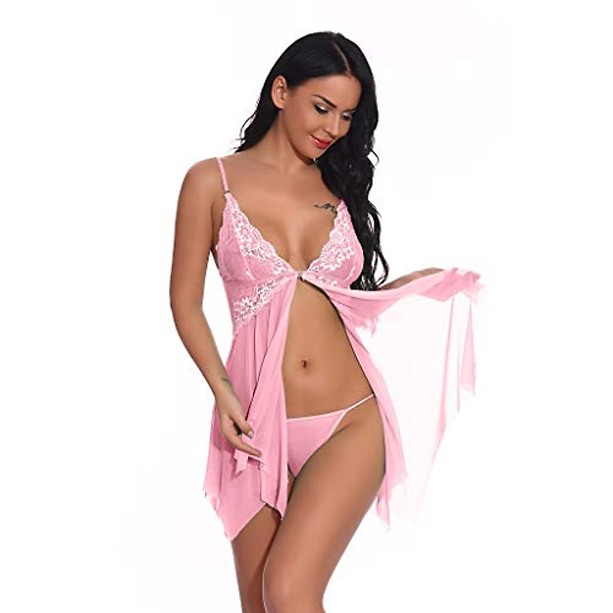 Aniywn Sexy Plus Size Lingerie Sets for Women Sexy Lace Lingerie Front Closure V Neck Mesh Nightwear Chemise Sleepwear Pink