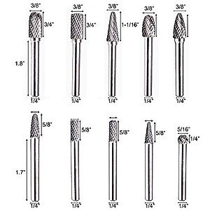 TJATSE 10Pcs Carbide Burrs Set Double Cut Solid Tungsten Carbide Rotary Burr Set 1/4 Inch Shank for Die Grinder Drill Engraving