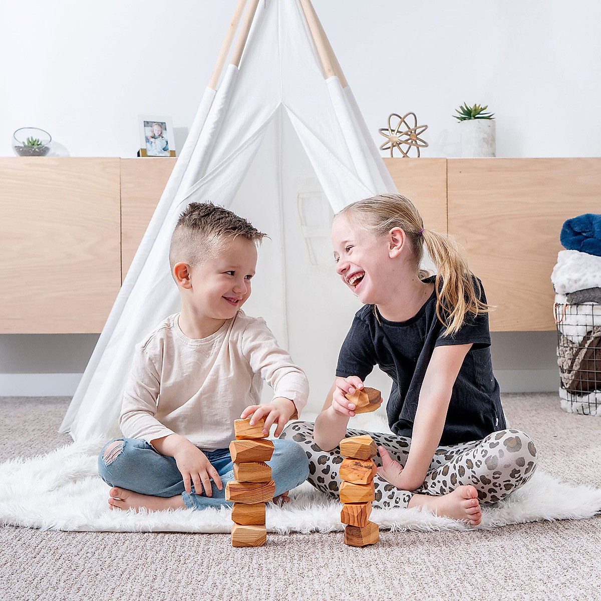 PERCHED Natural Pine Stacking Rocks, Large Wooden Blocks, Montessori Puzzle Game, Toddler Toys For Classroom, Wood Balancing Stones Set (12 Pc)