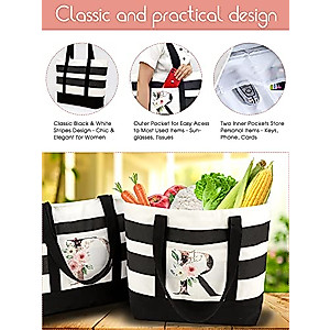 PARBEE Initial Canvas Tote Bag, Stripe & Floral Monogrammed Tote Bag with Pocket Top Zipper, Large Beach Bags Monogram Gift for Women Bridal Shower Wedding Birthday Mom Teachers, B