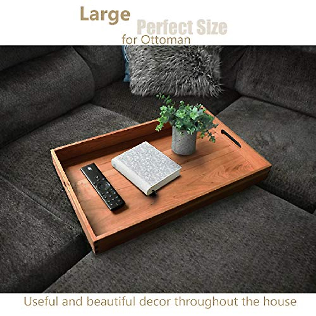 MAGIGO 22 x 14 Inches Large Rectangle Cherry Wood Ottoman Tray with Handles, Serve Tea, Coffee or Breakfast in Bed, Classic Wooden Decorative Serving Tray