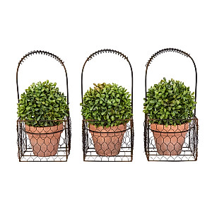 Pure Garden Faux Boxwood 3 Matching Realistic 9.5" Tall Topiary Arrangements in Decorative Metal Baskets for Indoor Home or Office (Set of 3)