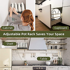 ROOHUA Pot Rack -Expandable Pan Organizer for Cabinet, Lid Holder with 10 Adjustable Compartment for Kitchen Cabinet Cookware Baking Frying Rack