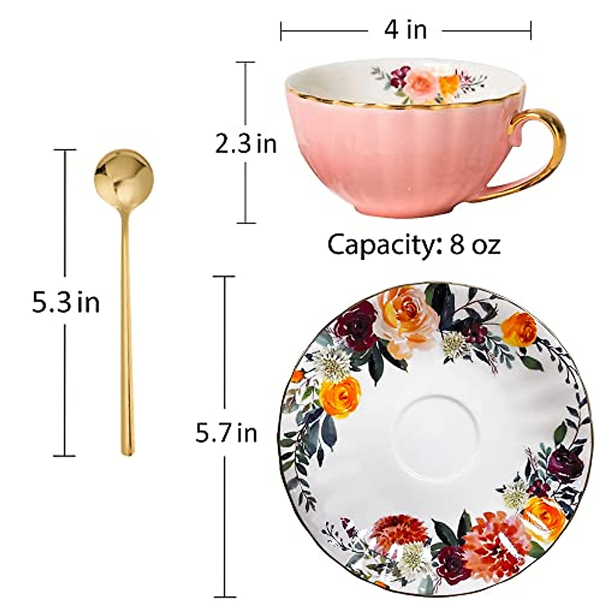 ONEUSTAR Tea Cup and Saucer Set for 2 Porcelain Enghlish Tea Cup Floral Teacups Coffee Cup Set for Mother's Day Thanksgiving in Gift Box 8 Oz