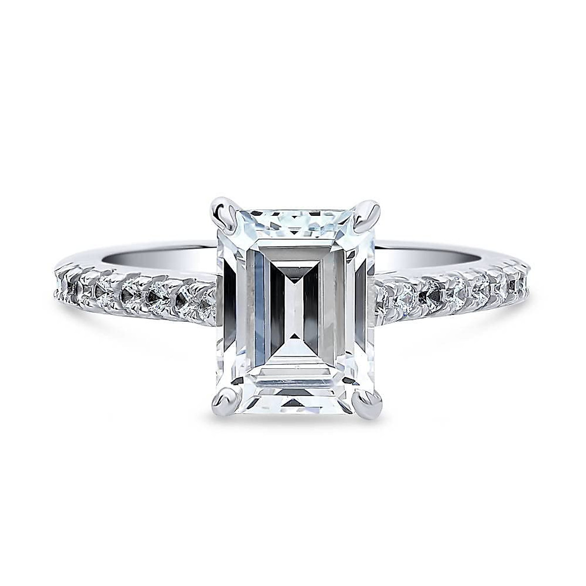 BERRICLE Sterling Silver Solitaire Wedding Engagement Rings 2.6 Carat Emerald Cut Cubic Zirconia CZ Promise Ring for Women, Rhodium Plated Size 4.5