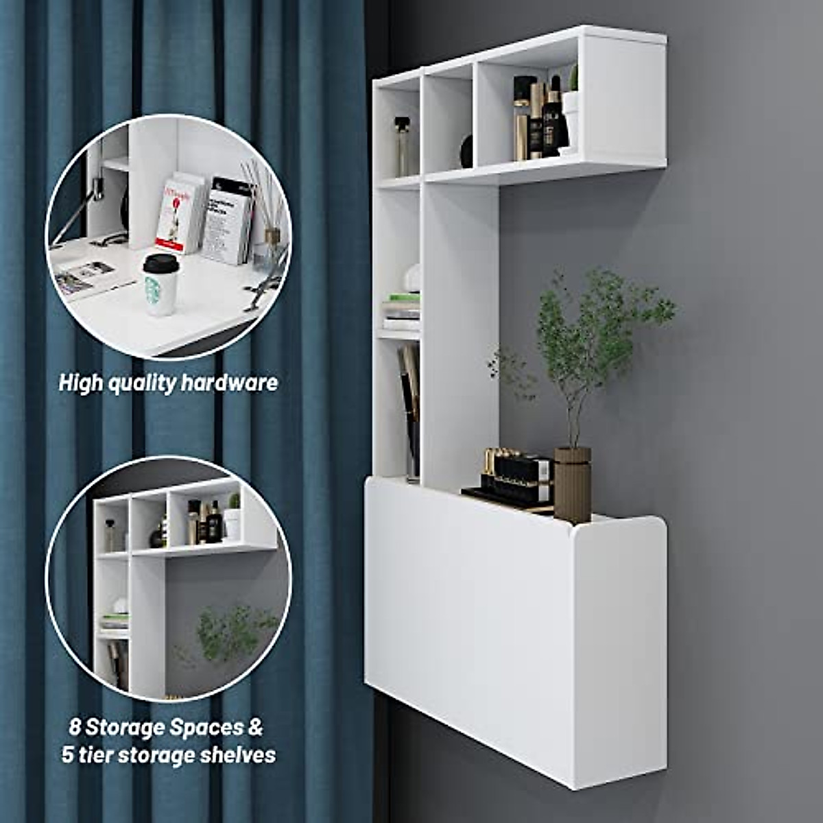 Pmnianhua Floating Desk,Wall Mounted Desk Folding,Space Saving Desk,Folding Wall Desk for Small Space Apartment Bedroom(White)