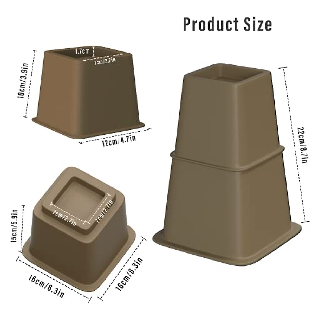 Lufia Bed Furniture Risers Heavy Duty, Elevation in Heights 8, 5 or 3 Inch, Adjustable Furniture Risers for Sofa, Table, Couch, Chair or Desk, Supports up to 1,300 lbs (Set of 4, Brown)