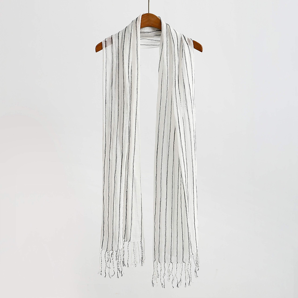 Jeelow 100% Linen Lightweight Striped Light Scarf Shawl Wrap For Men & Women (White Linen Black Stripes)