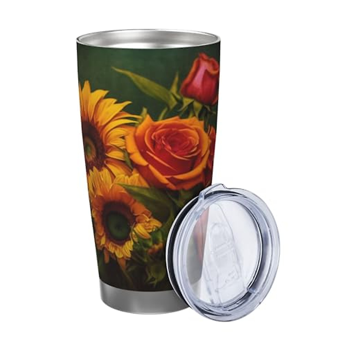 EKPRAVDKTF Sunflower And Rose 20oz Insulated Stainless Steel Tumbler With Lids And Straws, Double Wall Vacuum Travel Coffee Mug, Thermal Cup For Cold & Hot Drinks, Reusable Metal Straw & Brush
